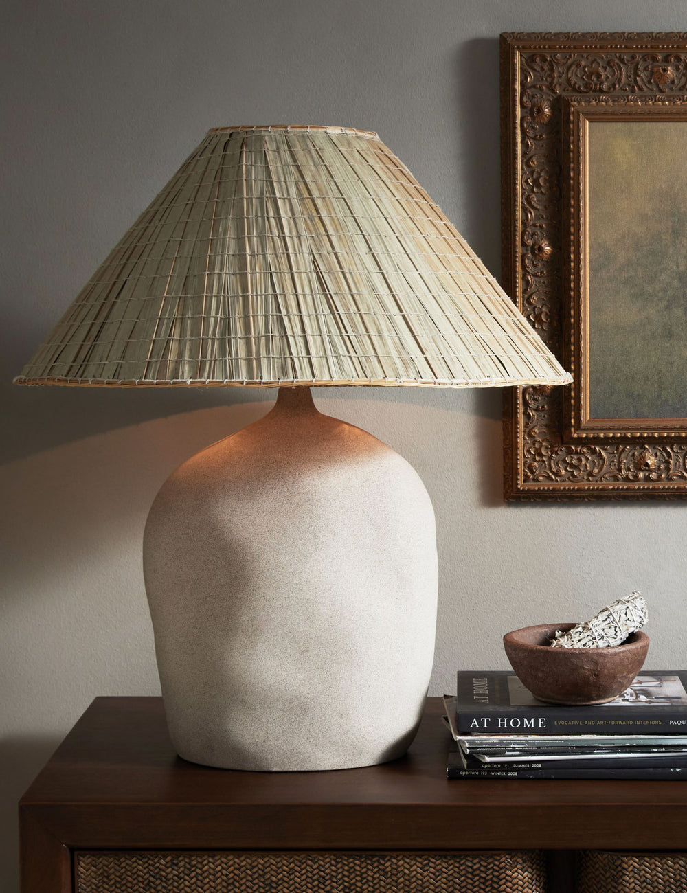 Ertha Neutral Table Lamp With a Woven Palm Shade