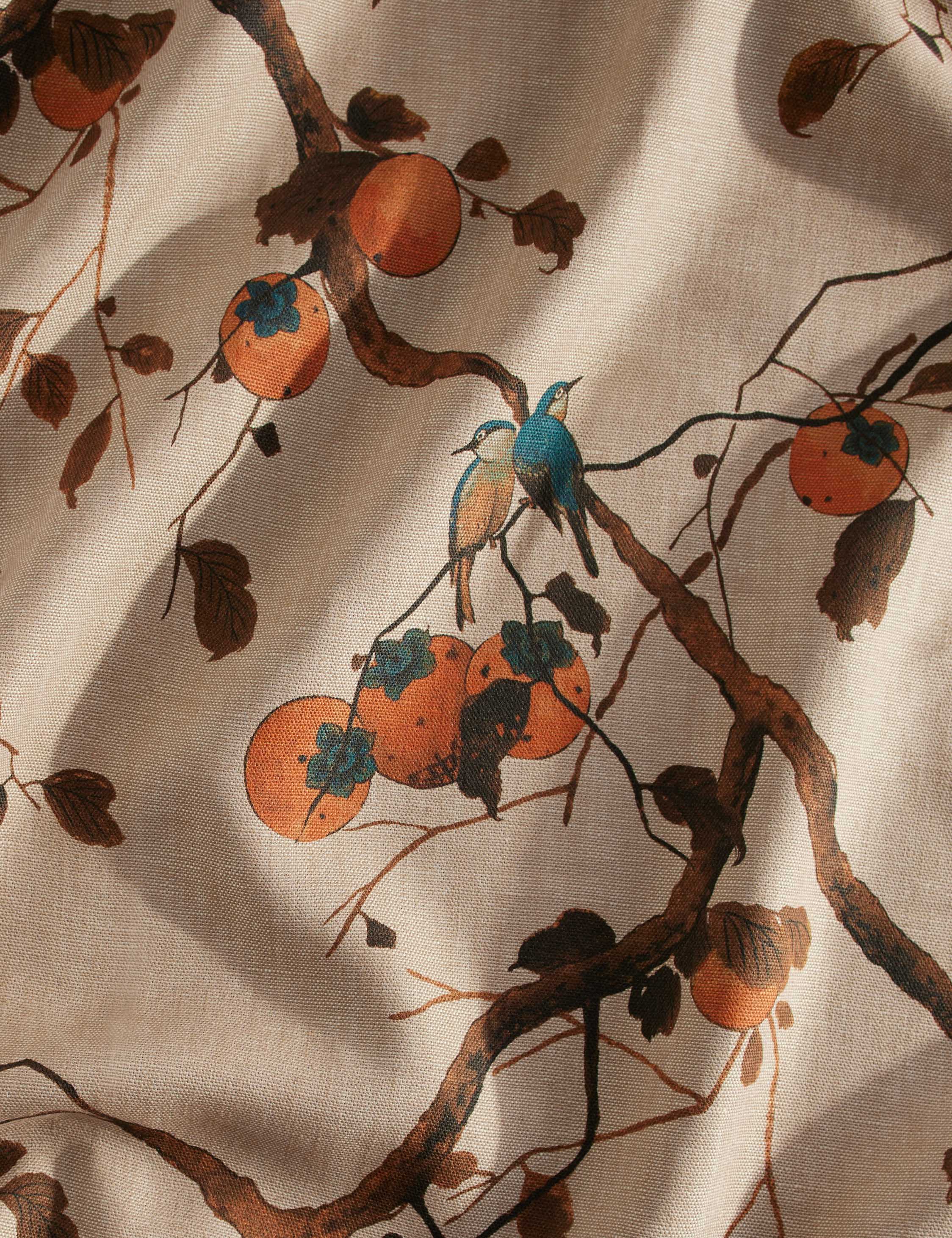 Persimmon Birds Flax Linen Fabric by Nathan Turner