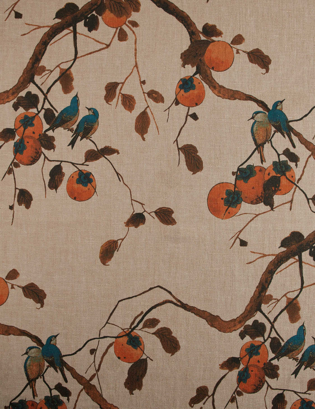 Persimmon Birds Flax Linen Fabric by Nathan Turner
