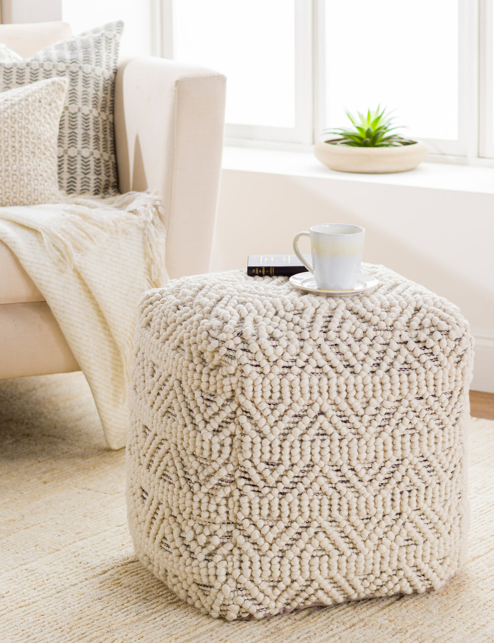Courtney Neutral Geometric Square Pouf Ottoman